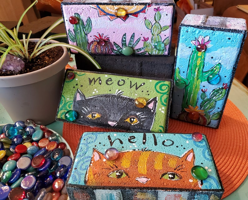 Two Cat Bricks, Garden Bricks, Cat Art, Painted Bricks - Etsy