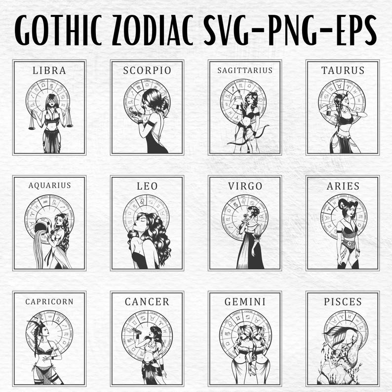 Gothic Zodiac SVG PNG Bundle, Zodiac Tattoo, Horoscope Svg, Celestial ...