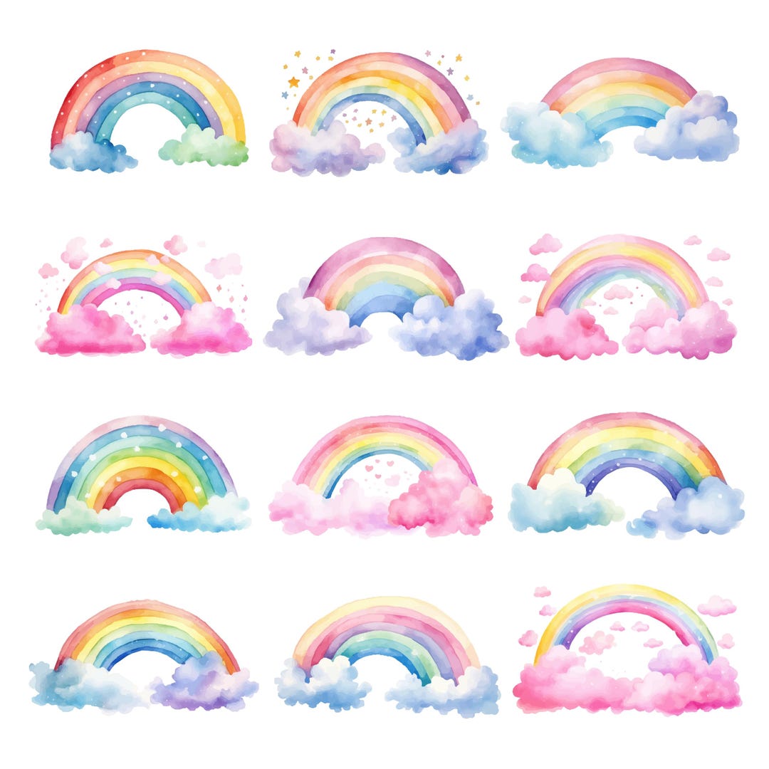 12 Colorful Watercolor Rainbow Cloud SVG Bundle, SVG PNG Bundle for ...