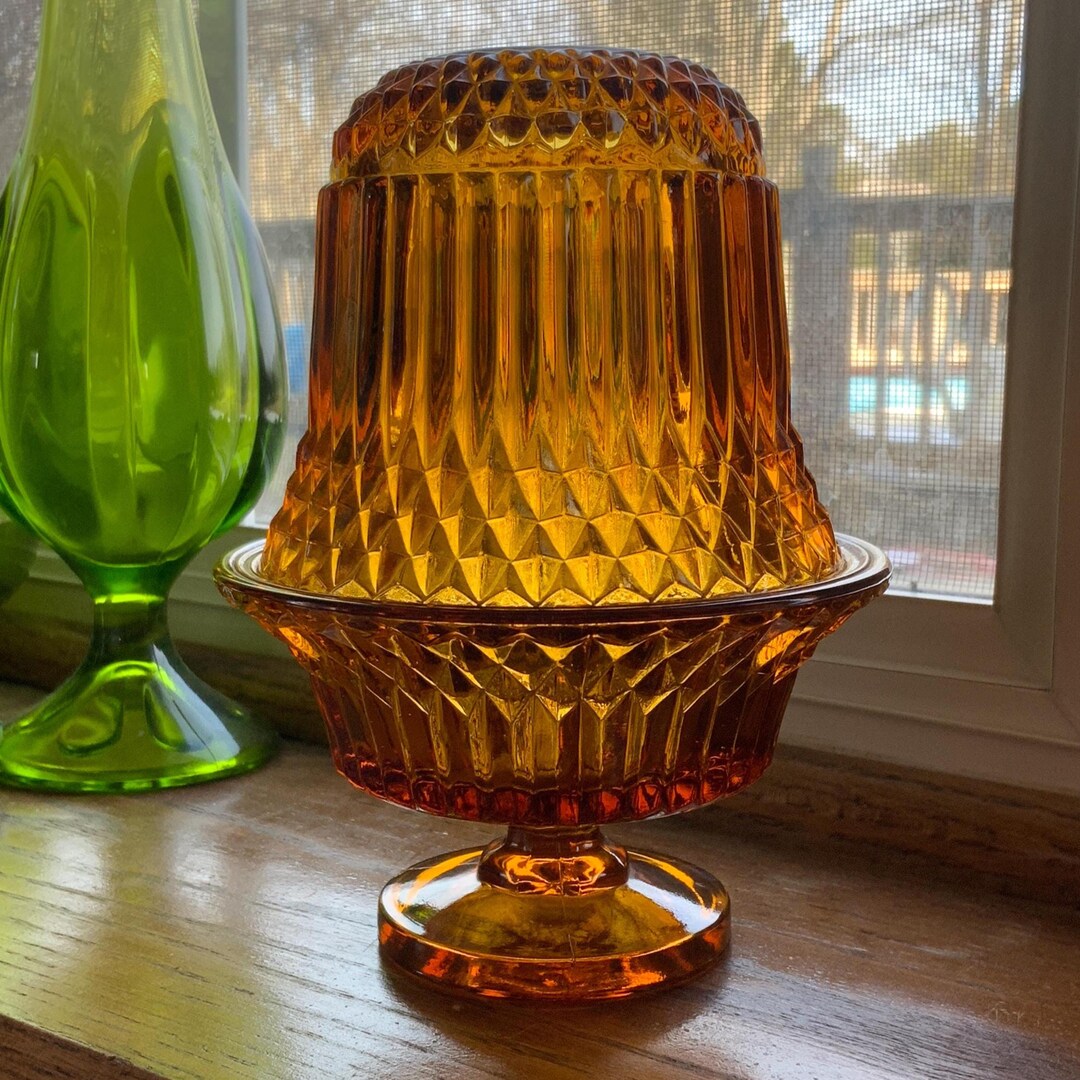Vintage Indiana Glass FAIRY LAMP Amber Diamond Point Candle Holder ...