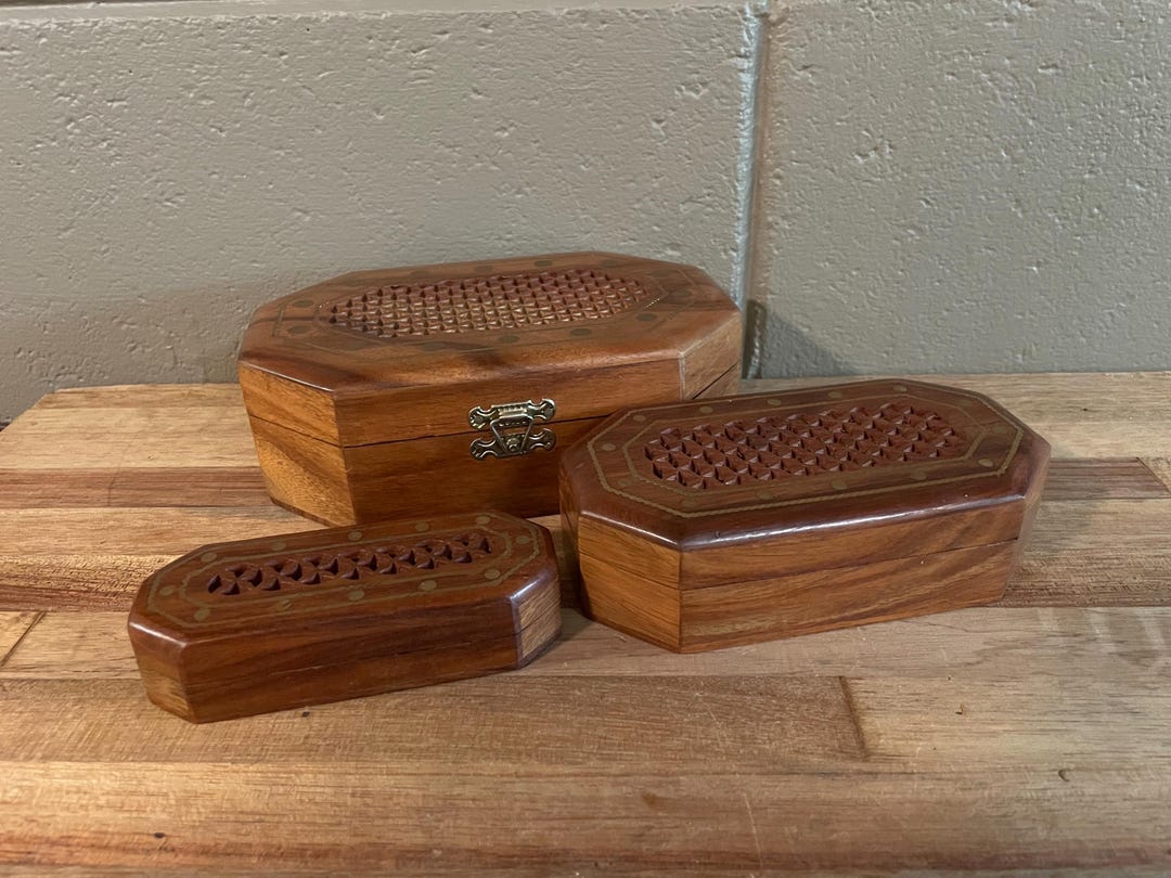 Aet of 3 Sweet Little Carved Octagonal Wooden Nesting Trinket Treasure ...