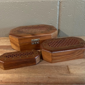 Aet of 3 Sweet Little Carved Octagonal Wooden Nesting Trinket Treasure ...