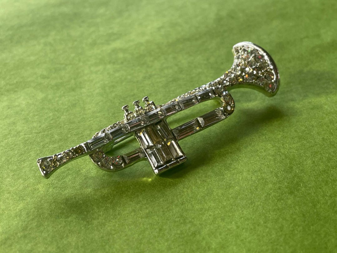 Silvertone Rhinestone Trumpet Brooch - Etsy