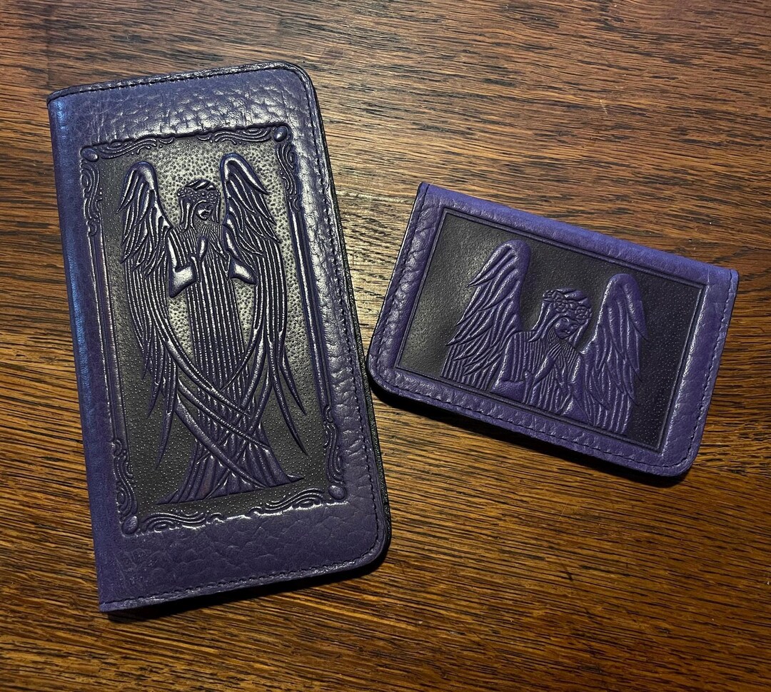 Dark Purple Tooled Leather Angel Checkbook Cover and Card Holder Wallet ...