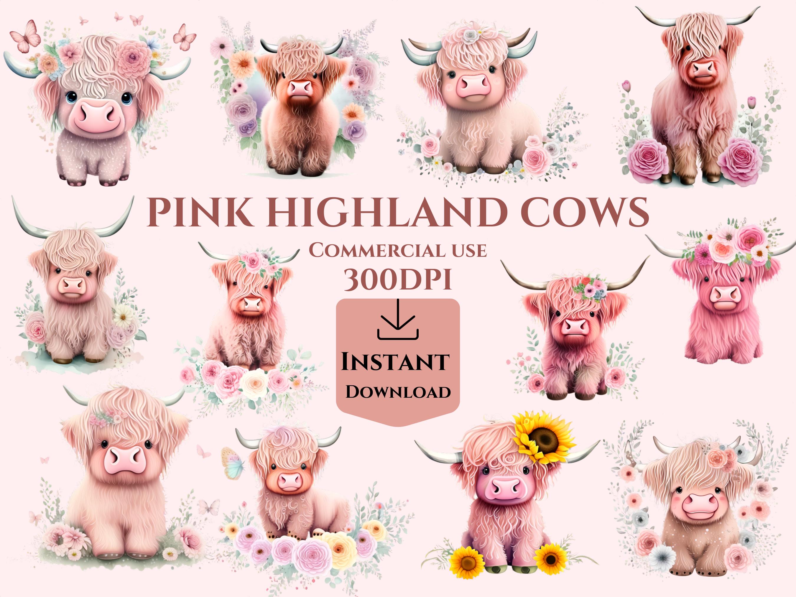 Highland Cow Clipart, 12 Pink Highland Cows, Watercolor Highland Cows ...