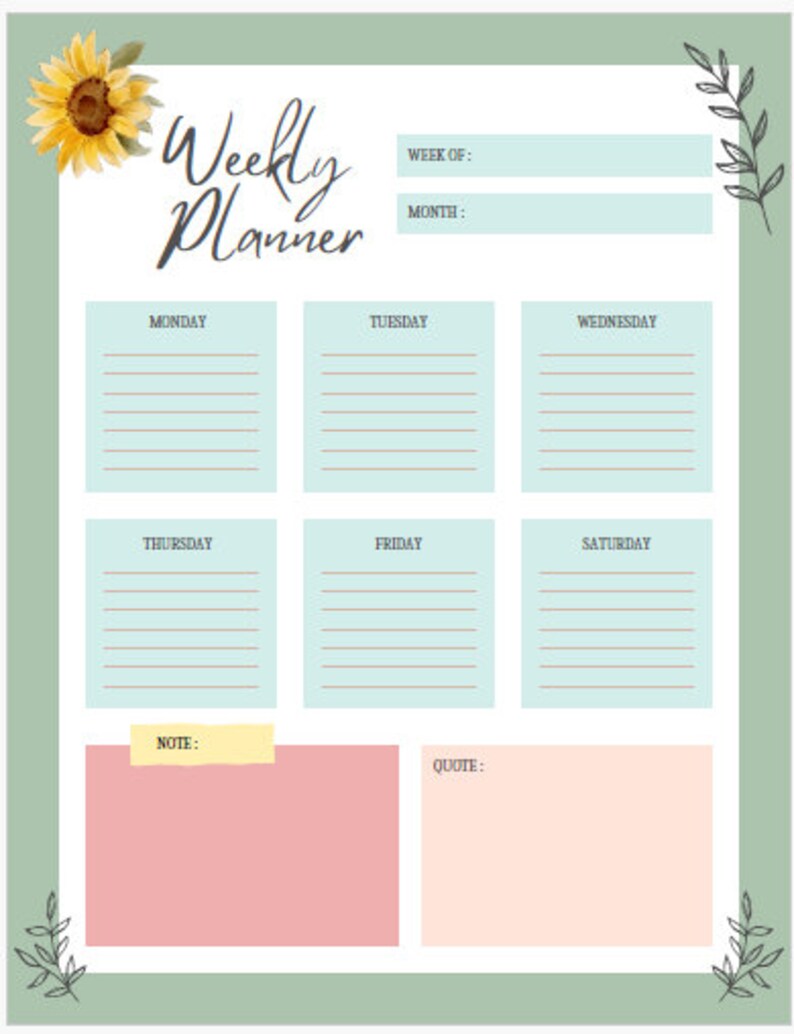 Sunflower Weekly Overview Planner - Etsy