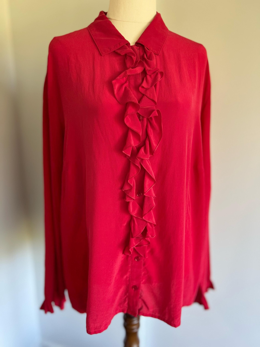 Red Silk Shirt With Frilly Lapel - Etsy