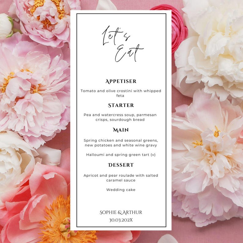 Minimal Wedding Menu, Minimalist Wedding Narrow Menu, Canva Template ...