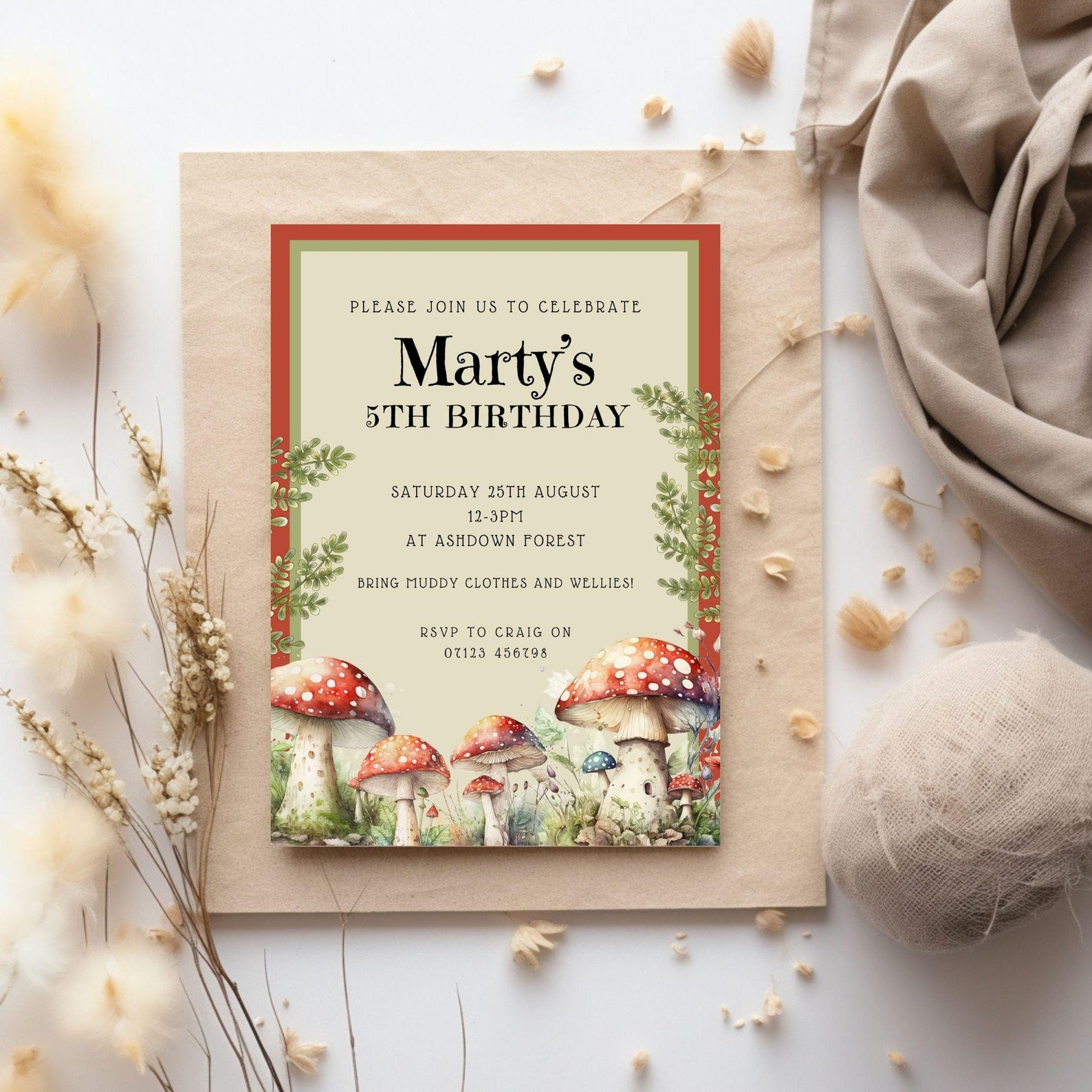 Toadstools Birthday Party Invitation, Mushroom 5th Birthday Celebration ...