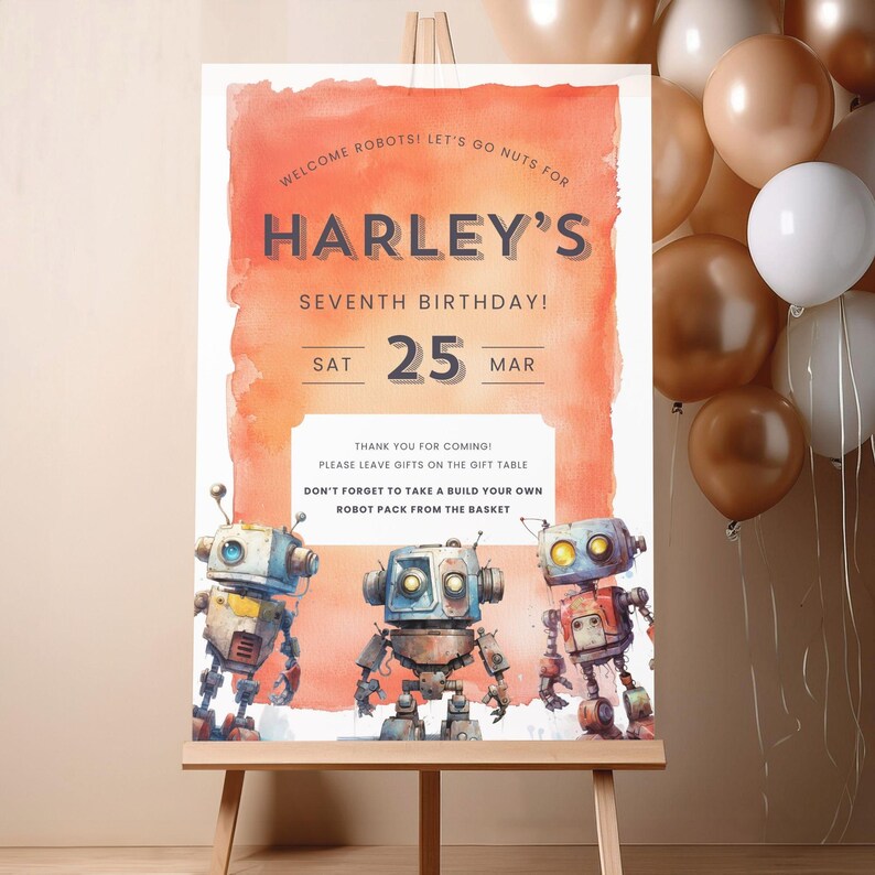 Robots Birthday Welcome Sign: Sci-fi Party Printable (canva Template ...