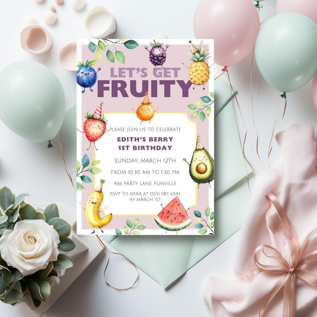 Dancing Fruit Birthday Party Invitation: Purple Fruity Theme (canva ...