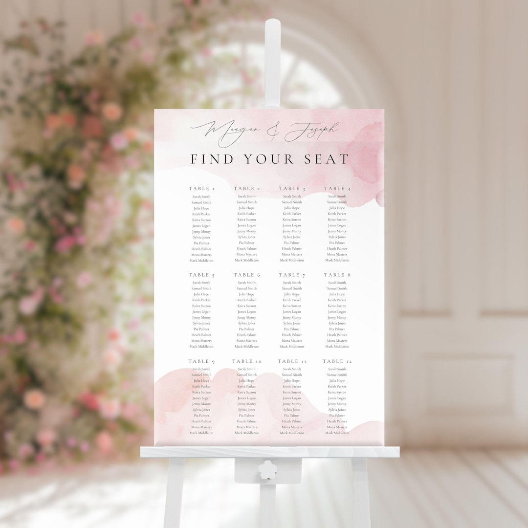 Blush Pink Wedding Seating Chart, Pink Watercolour Reception Seating ...