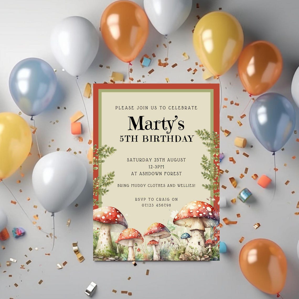 Toadstools Birthday Party Invitation, Mushroom 5th Birthday Celebration ...