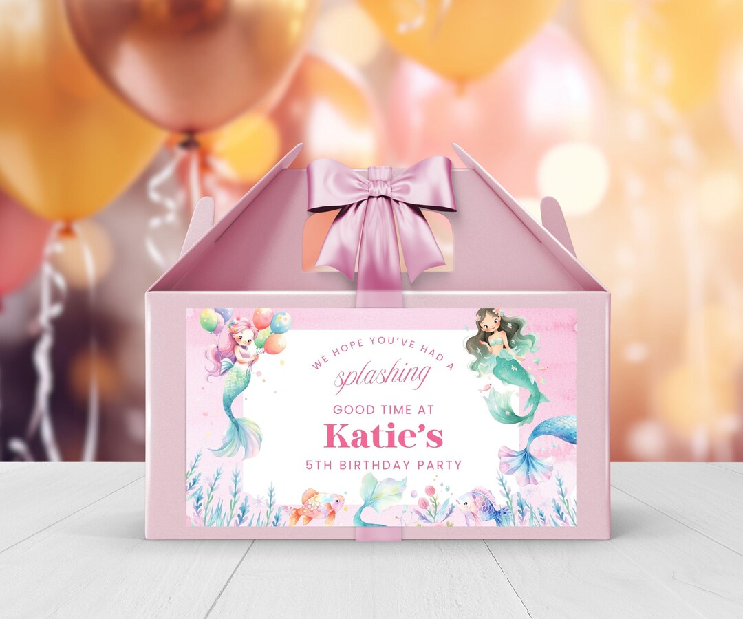 Pink Mermaids Birthday Gable Box Label, Swim Party Sea Theme Birthday ...