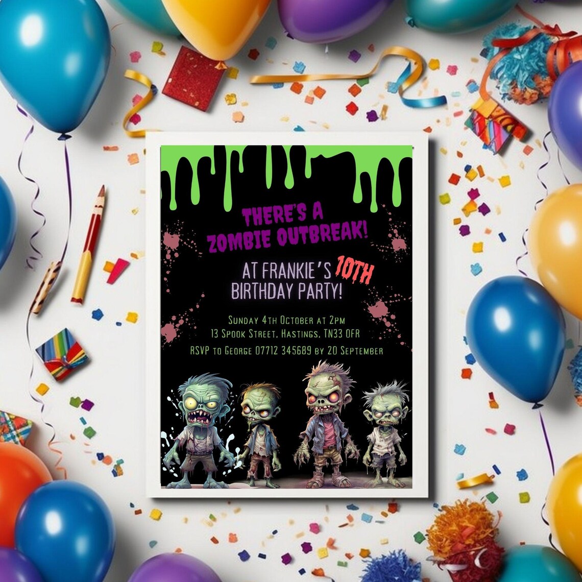 Zombie Kids Birthday Party Invitation, Zombie Outbreak Theme Party ...