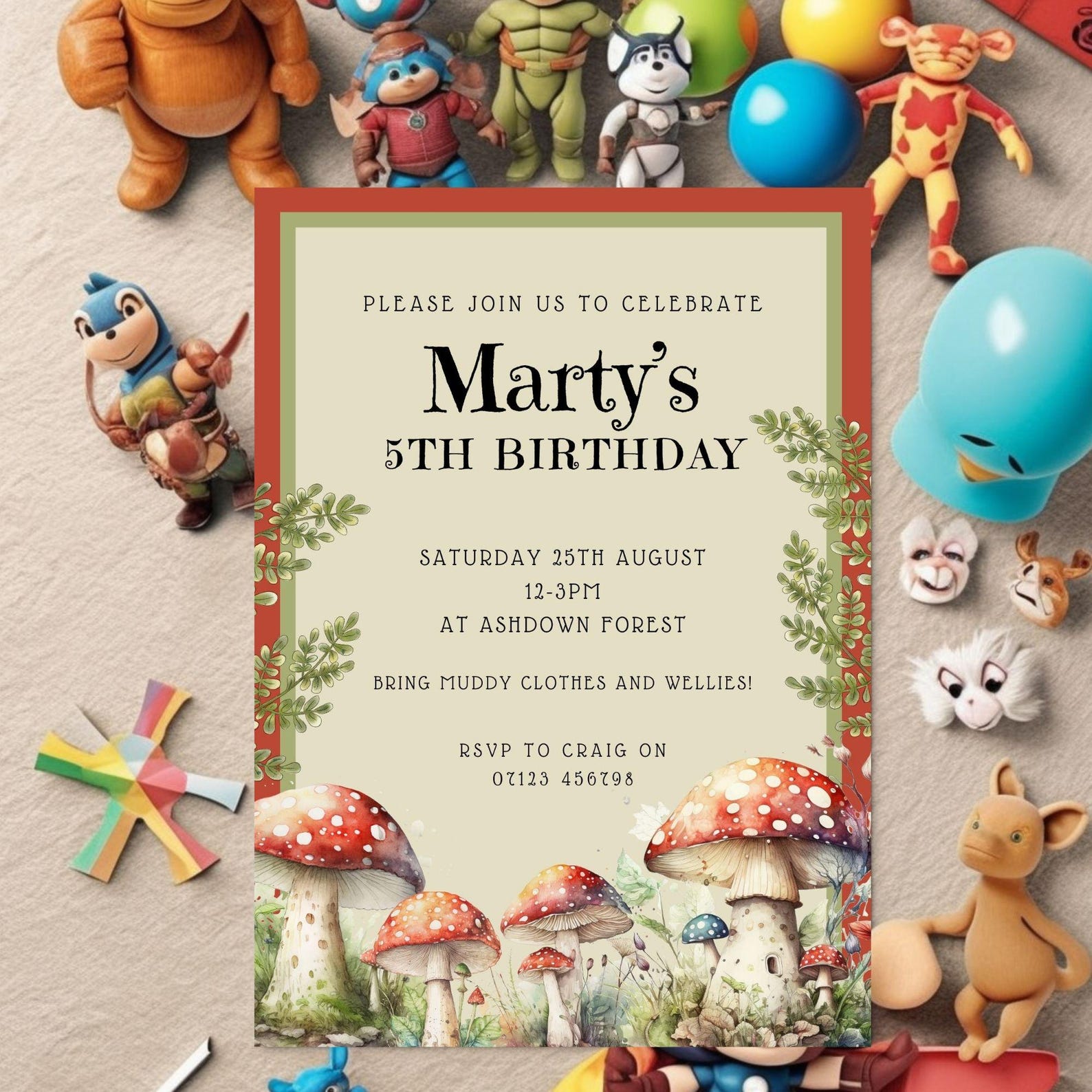 Toadstools Birthday Party Invitation, Mushroom 5th Birthday Celebration ...