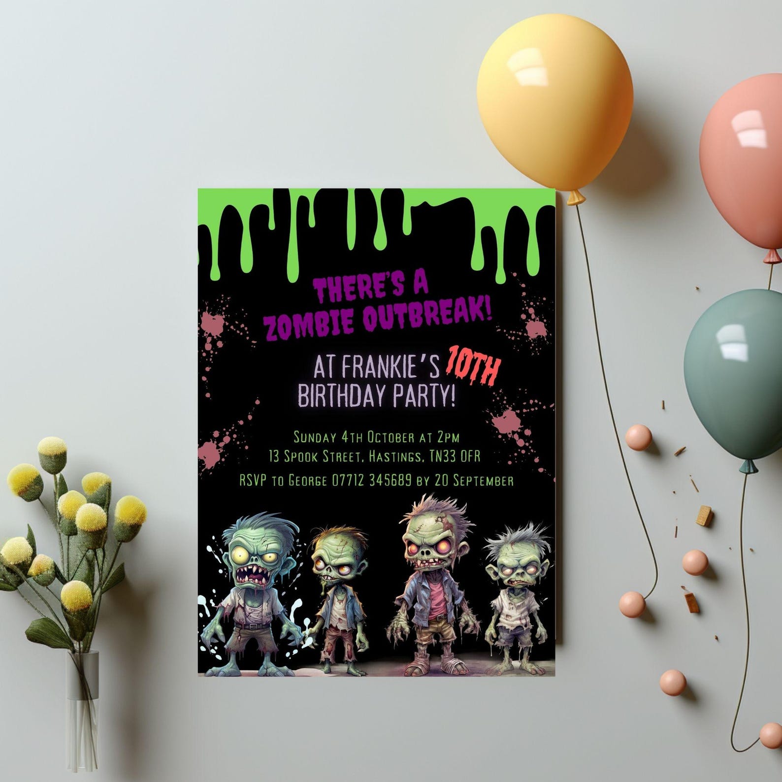 Zombie Kids Birthday Party Invitation, Zombie Outbreak Theme Party ...