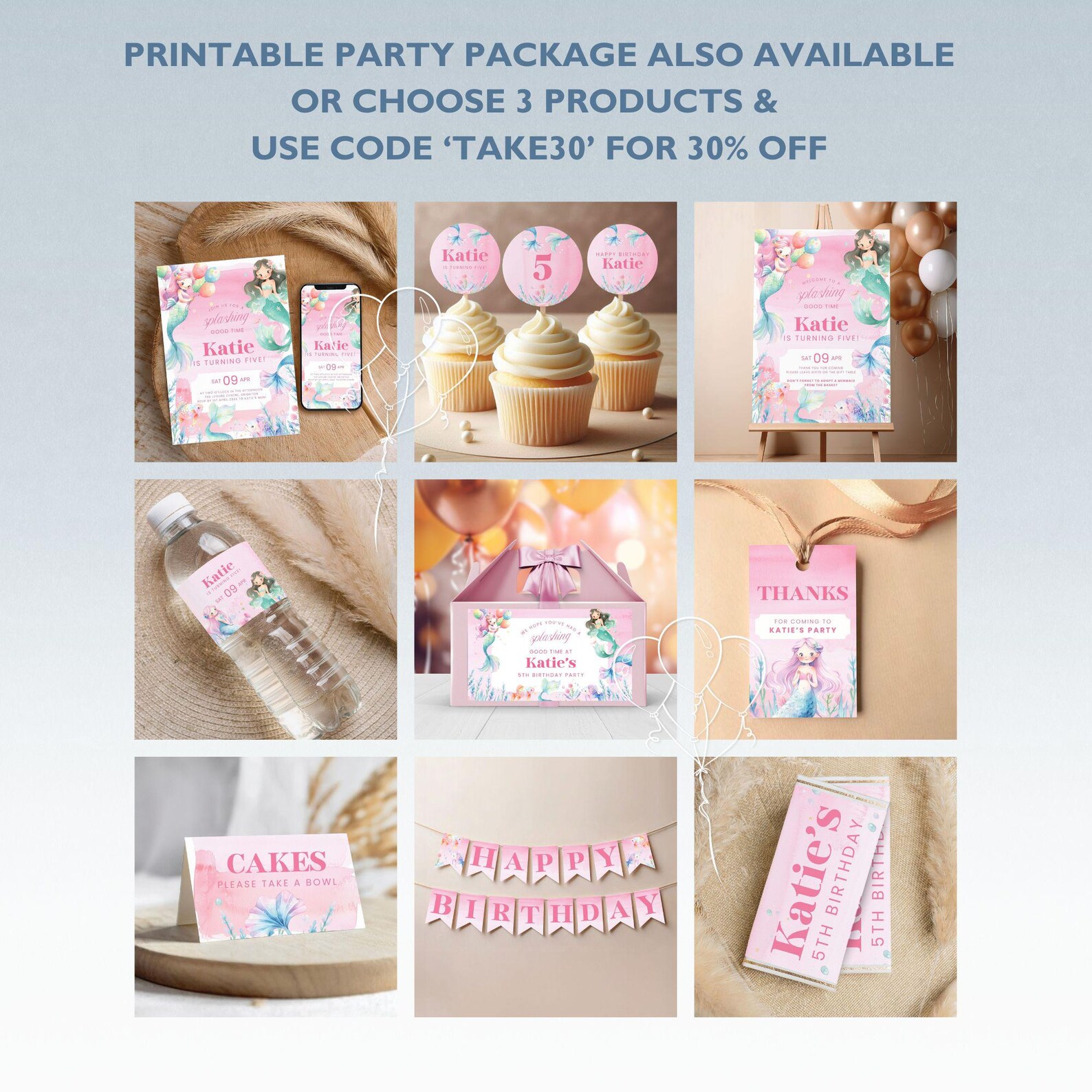 Pink Mermaid Birthday Thank You Tags: Printable Canva Template (KBM38 ...