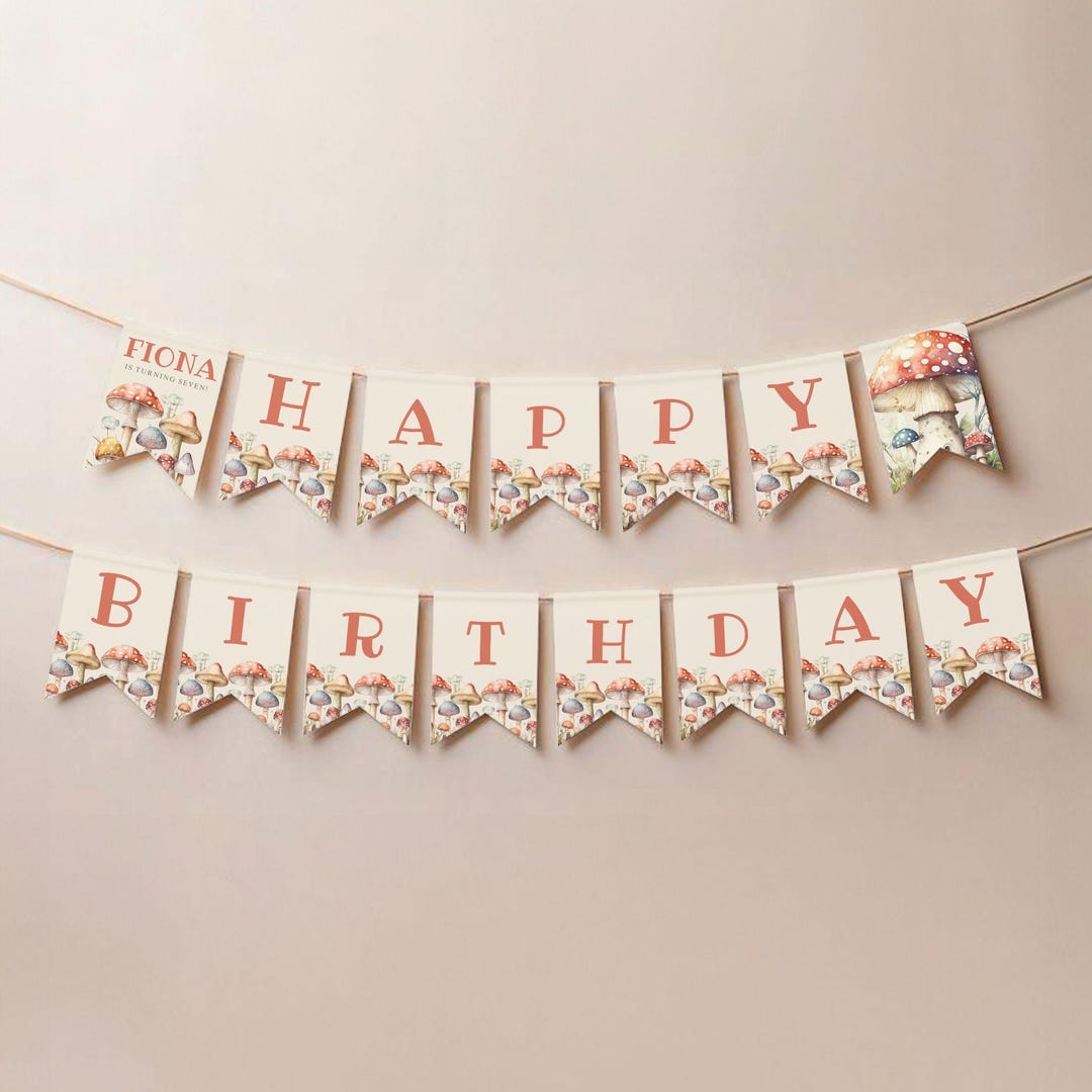 Whimsical Toadstool Birthday Banner: Fairy Garden Party Decor (editable ...