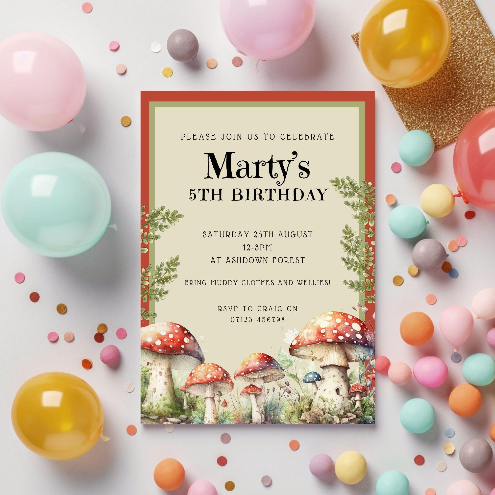 Toadstools Birthday Party Invitation, Mushroom 5th Birthday Celebration ...