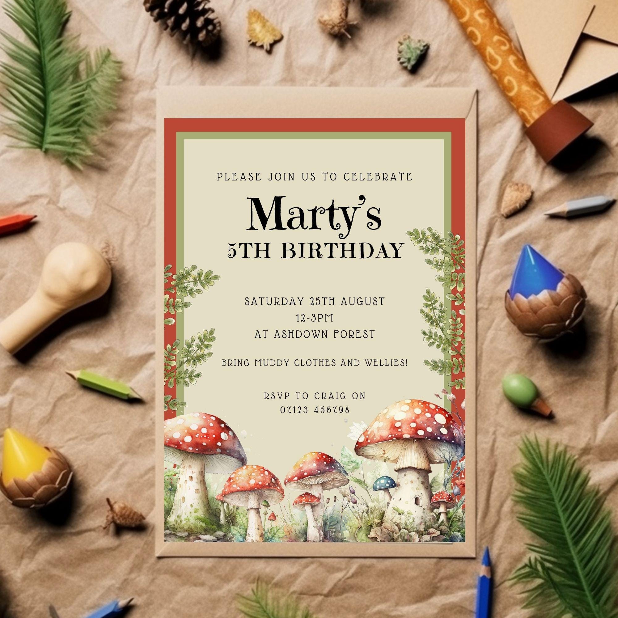 Toadstools Birthday Party Invitation, Mushroom 5th Birthday Celebration ...