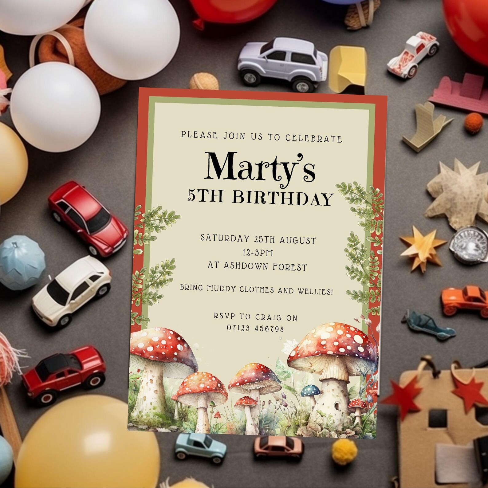 Toadstools Birthday Party Invitation, Mushroom 5th Birthday Celebration ...