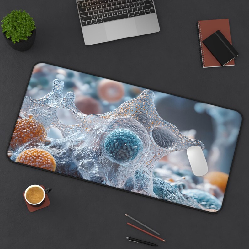 Blue and Yellow Biological Art Desk Mat - Microscopic Cell Bacteria ...