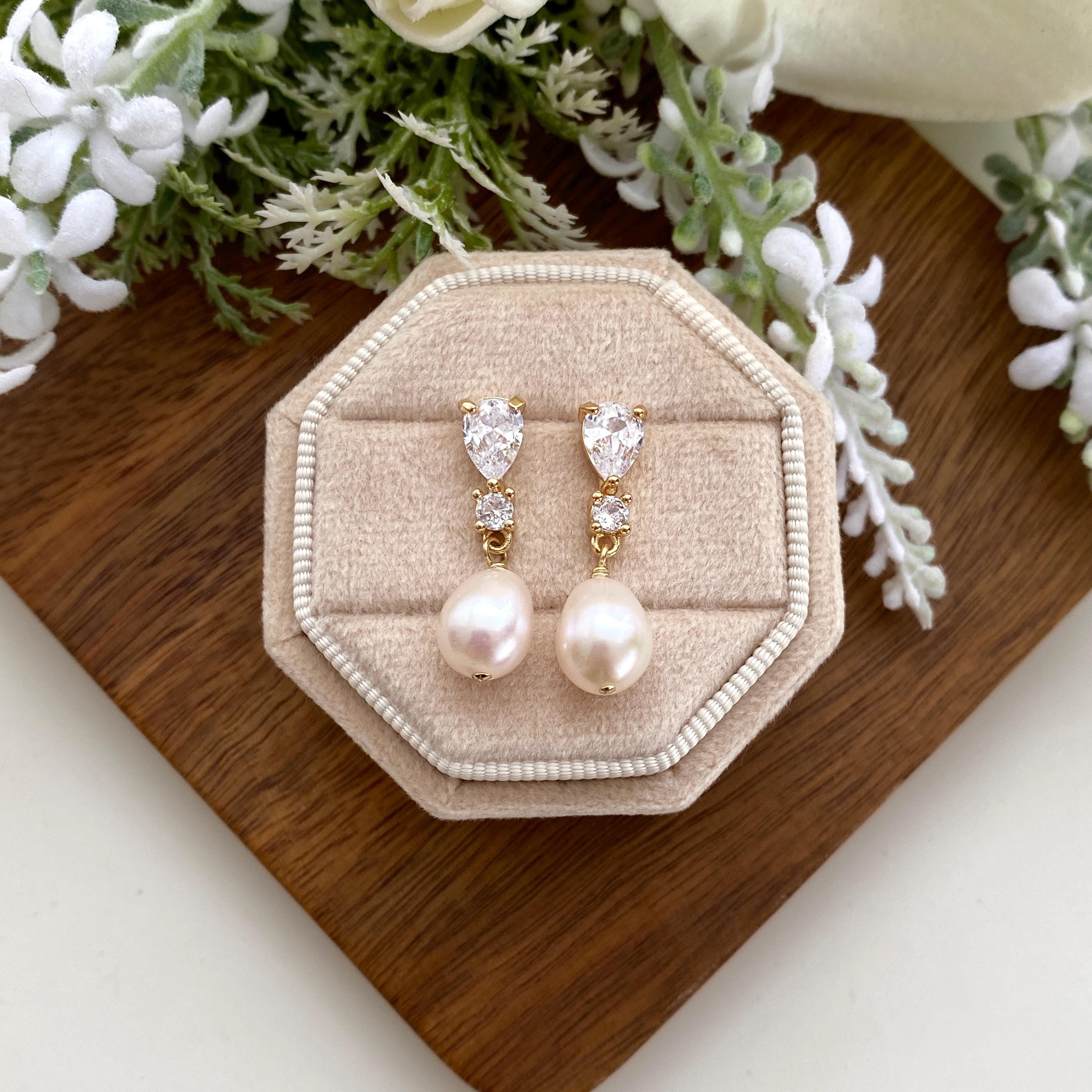 Pendientes de perla y diamantes dorados, pendientes de perla ...