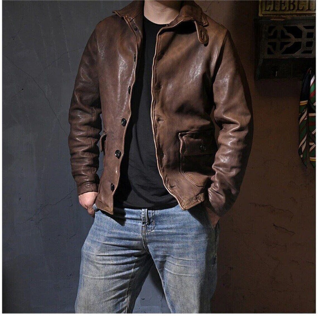 New Men's Brown Vintage Waxed Motorcycle Jacket Casual Biker Leather ...