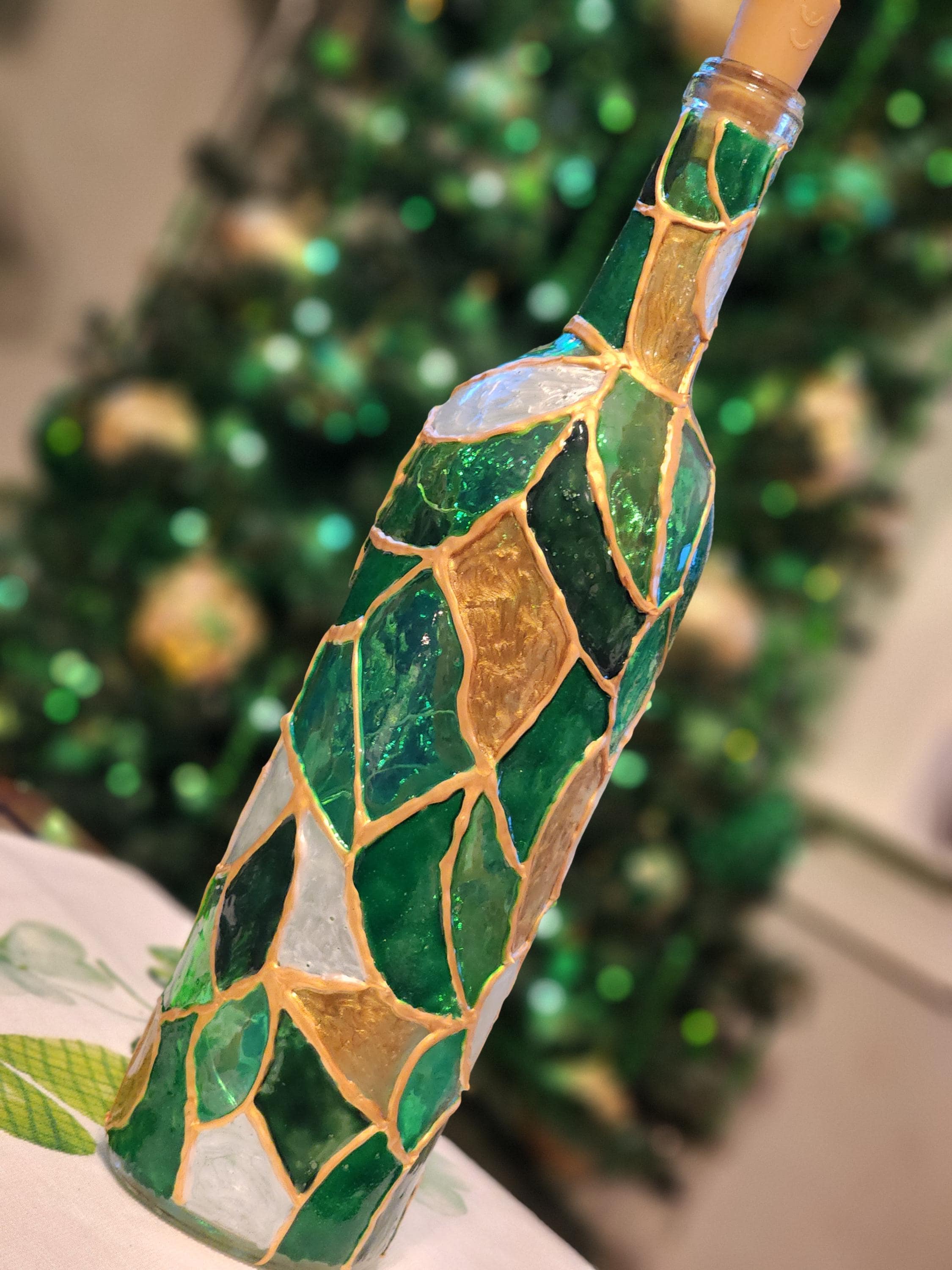 Hand Painted Green & Gold Lighted Bottle - Etsy