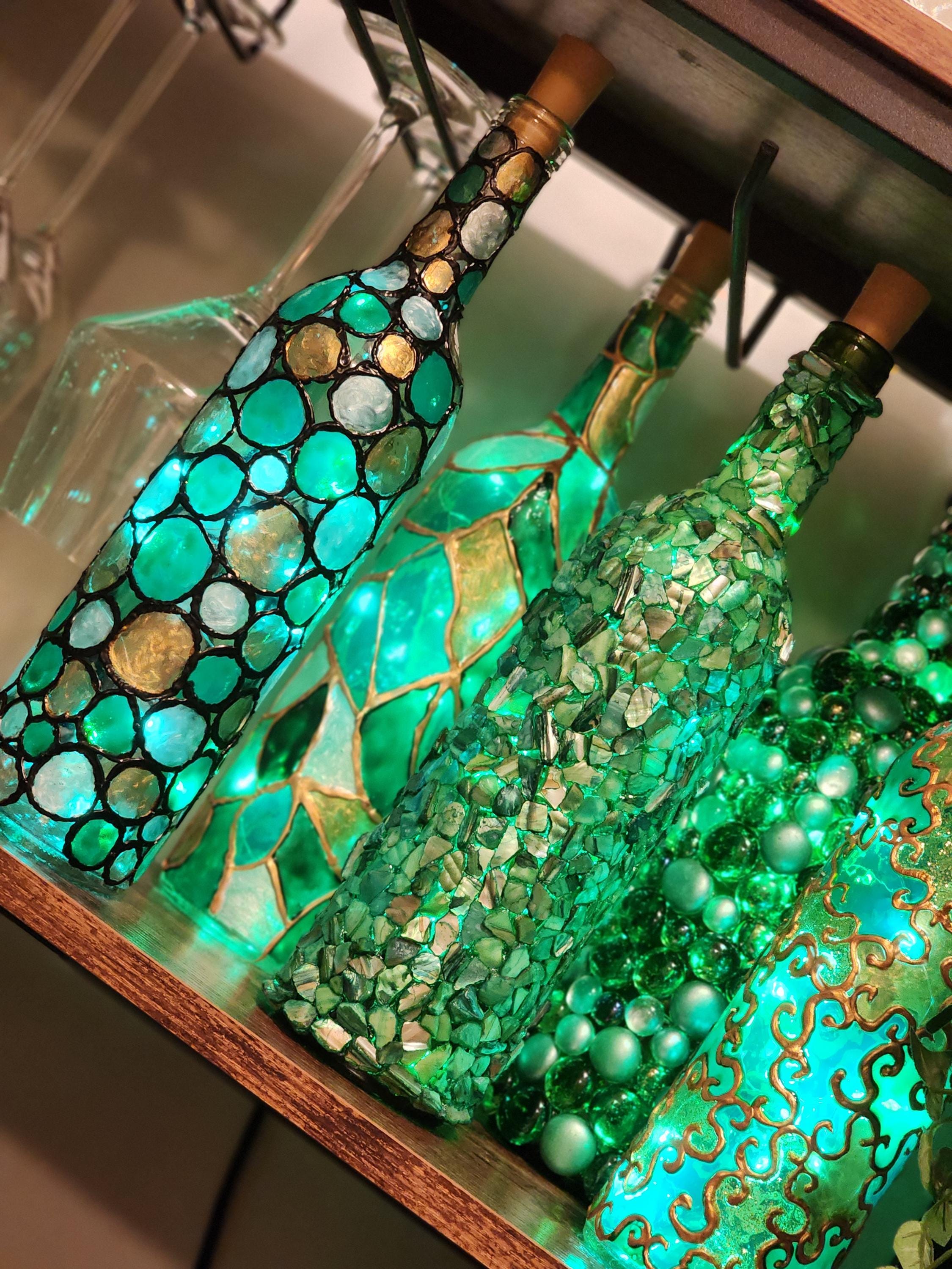 Hand Painted Green & Gold Lighted Bottle - Etsy