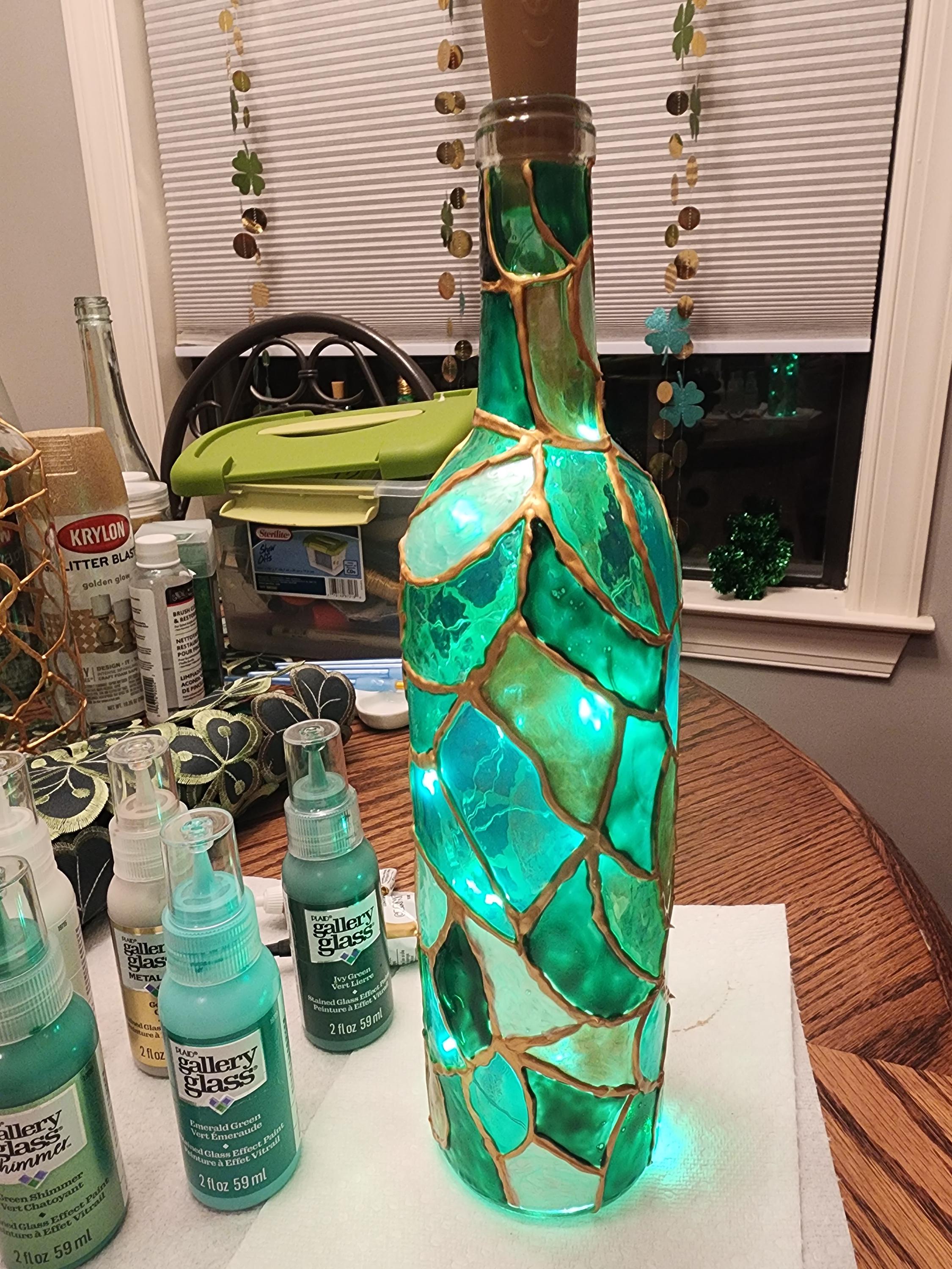 Hand Painted Green & Gold Lighted Bottle - Etsy