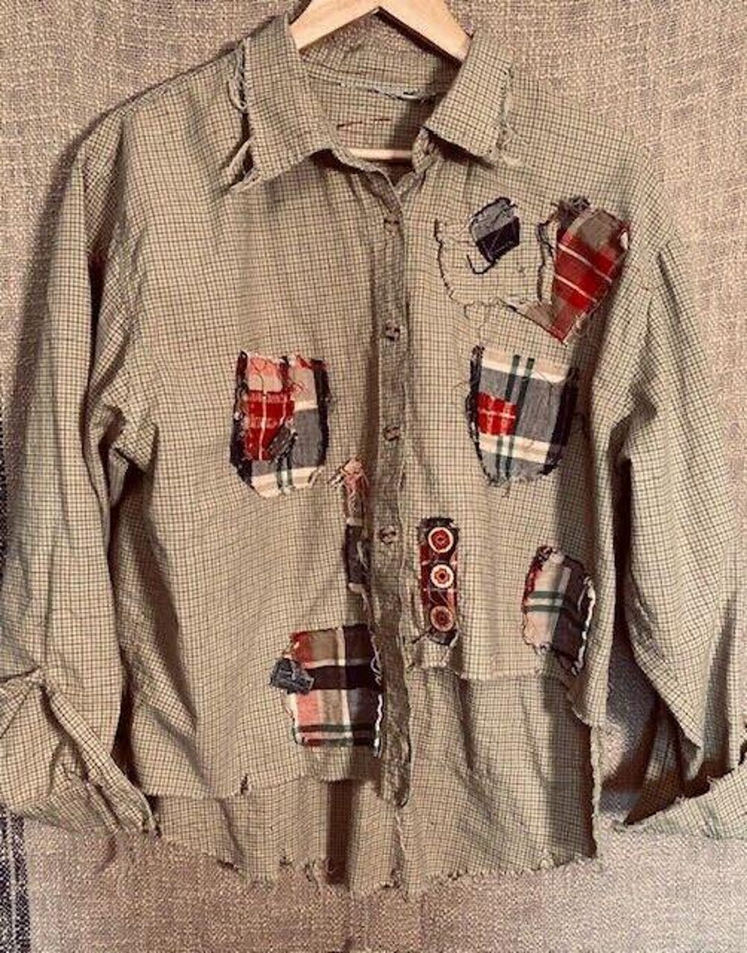 Ragged Hem, Pocket Green Check Shirt, Upcycled, Boho, Hippie, Wearable ...