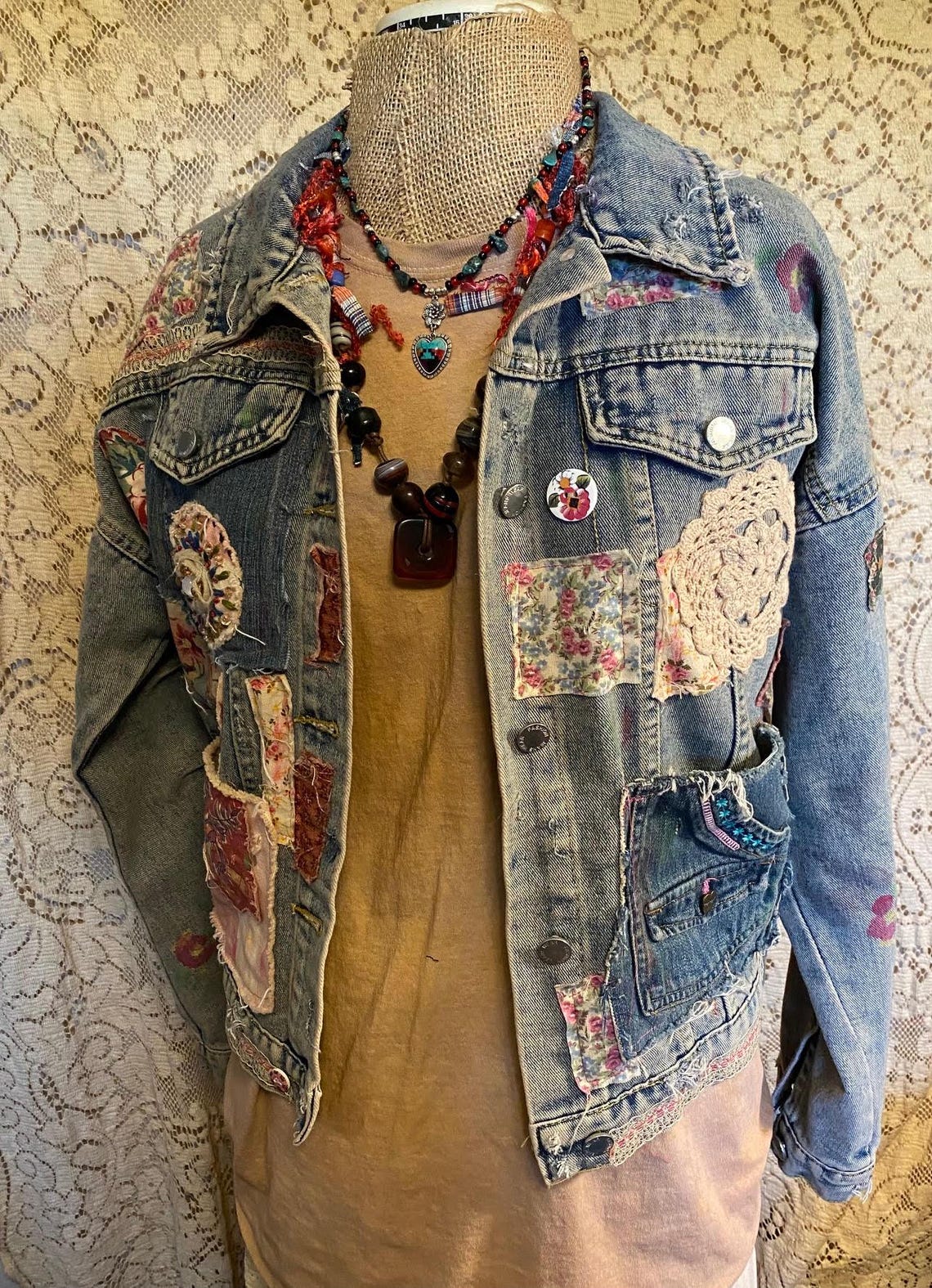 Tattered, Soft, Patched, Floral, Boho, Appliqué, Doily, Upcycled ...