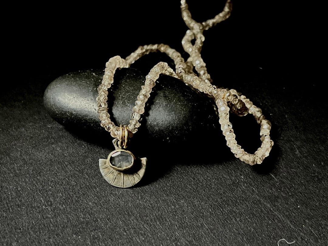 Grey Sapphire Fan Amulet Necklace, Zircon Beaded Chain, 14k Gold and ...