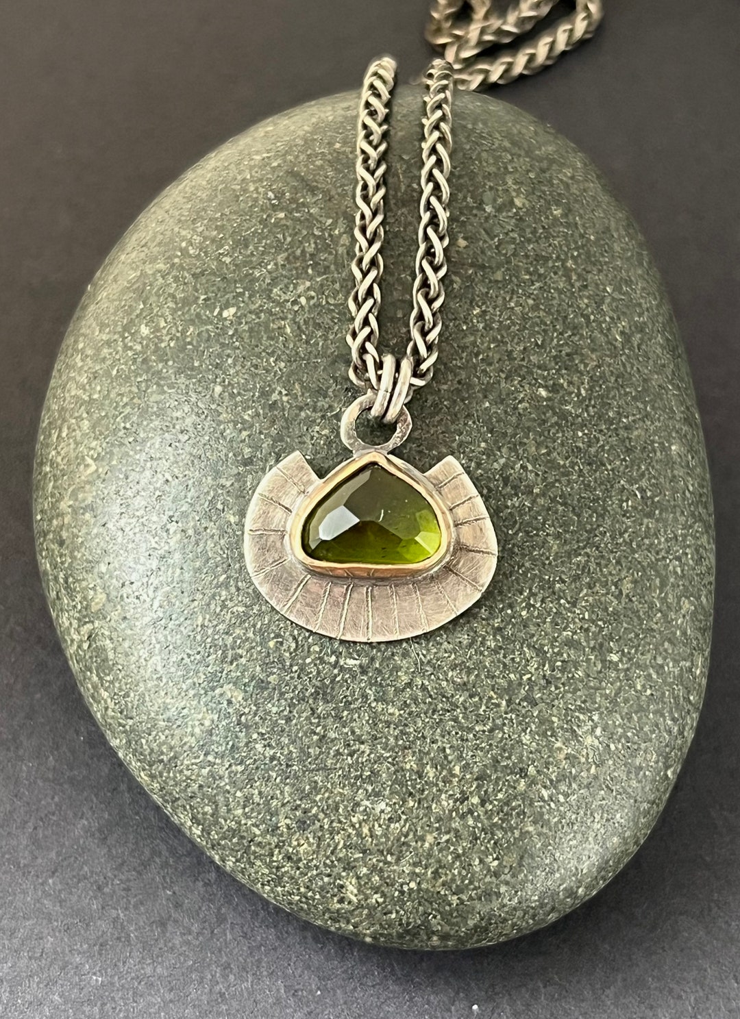 Green Tourmaline Stone Amulet Pendant Necklace in Oxidized Silver and ...
