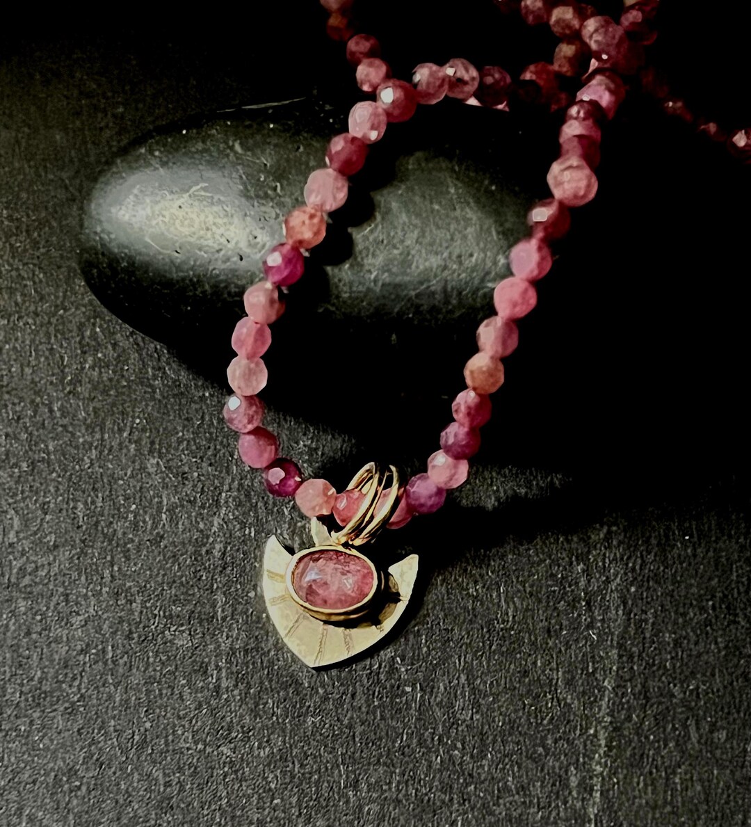 Pink Sapphire and Ruby Shield Amulet Beaded Necklace, 14k Gold and ...