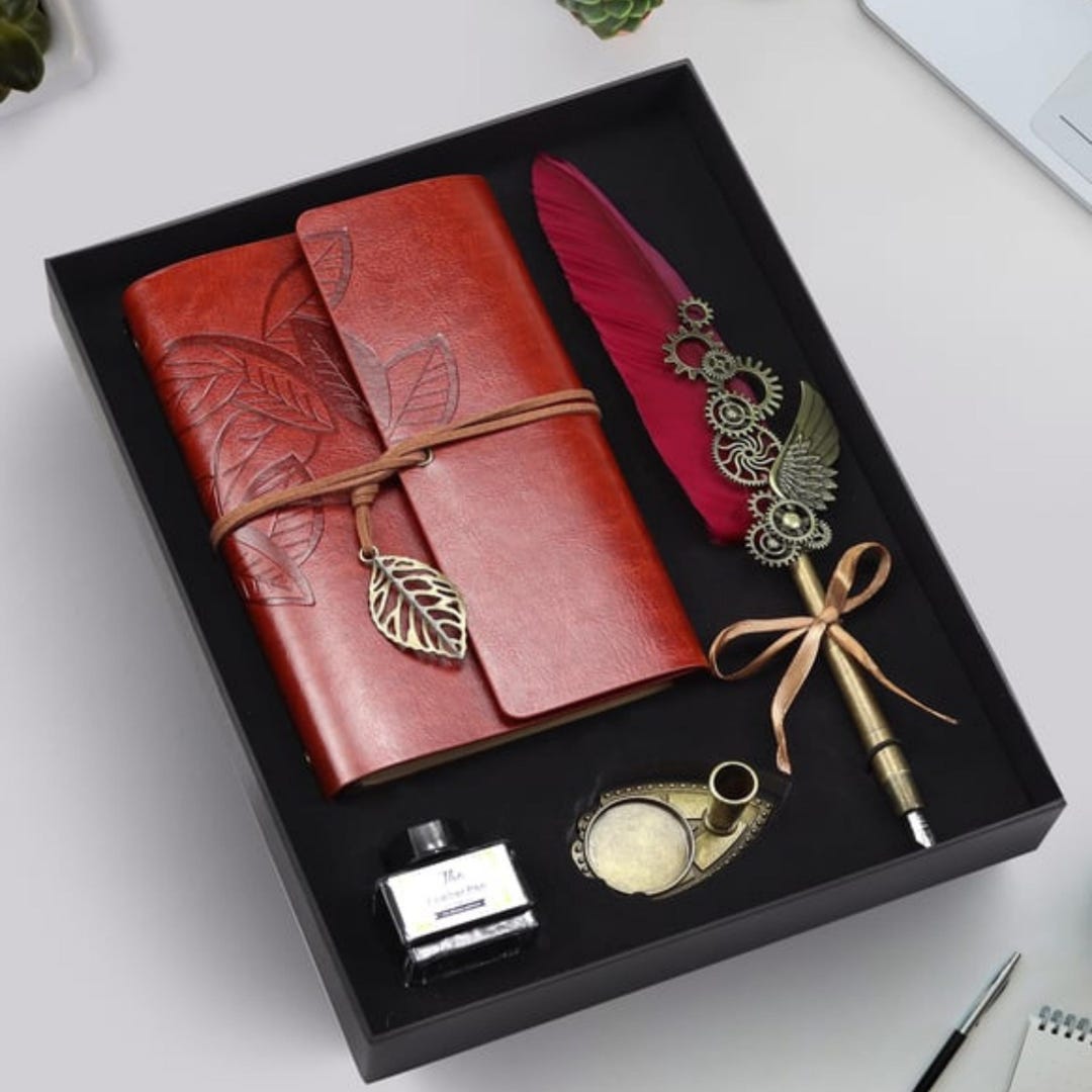 Red or Black Feather Quill Set With Ink and Holder, Vintage Leather ...