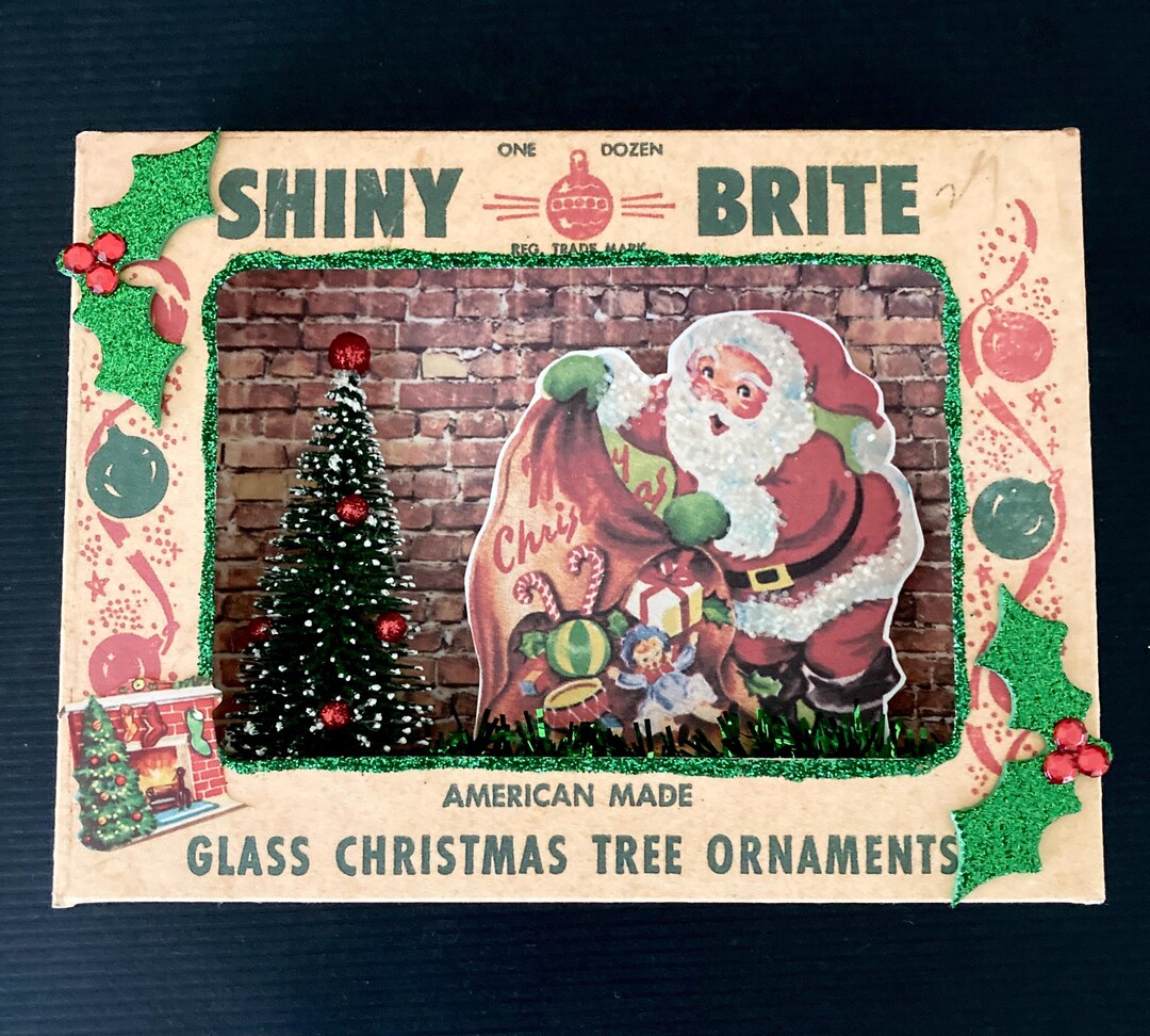 Vintage SHINY BRITE Christmas Ornament Shadow Box Diorama Santa Sack of ...