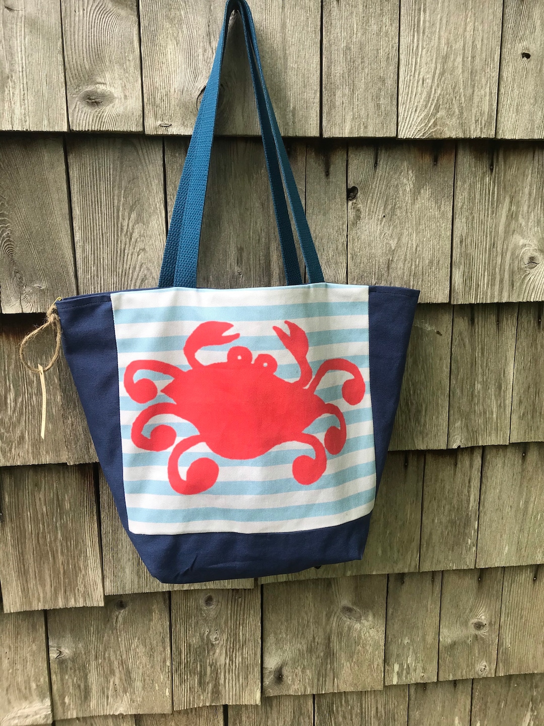 Crab Bag, Blue Striped Bag, Red Crab Print, Nautical Print Tote, Sturdy ...