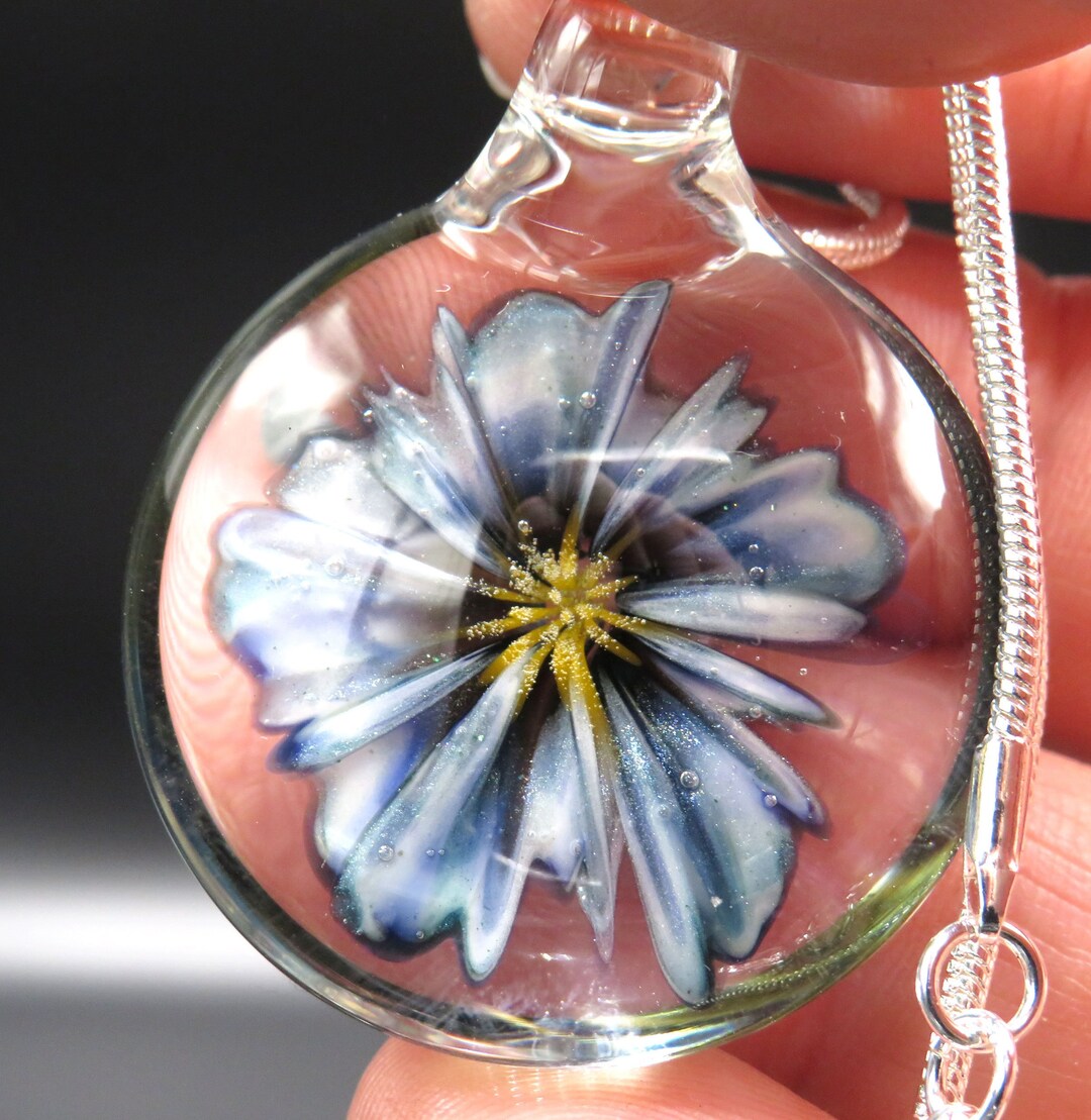 Glass Blue Flower Necklace in Solid Glass - Statement Necklace - Glass ...