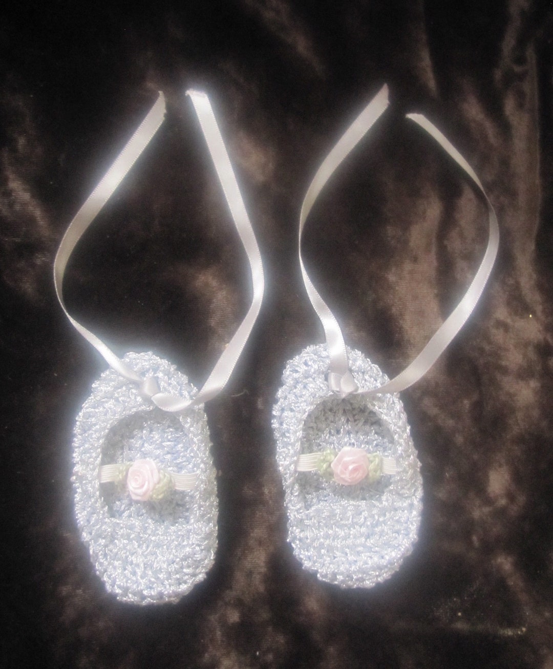 Silver Ballet Slippers 0-6mo Crochet Pastel Pink Ribbon Rose Silver ...