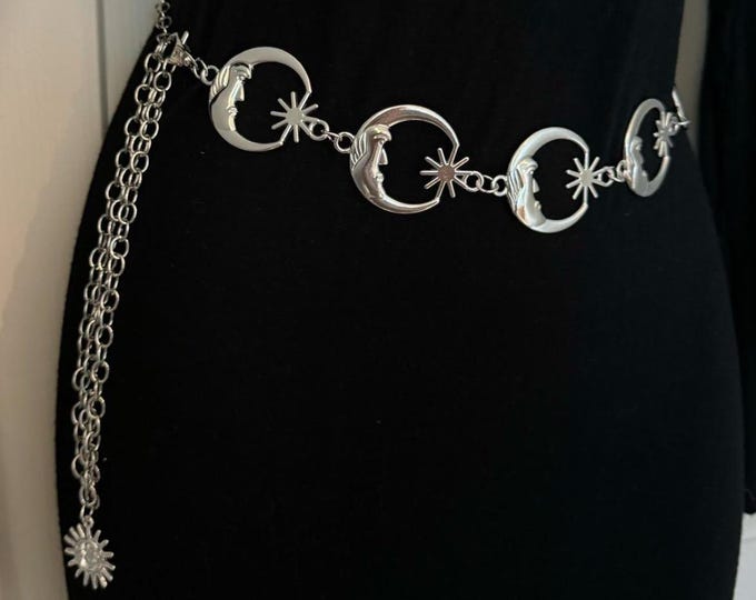 Metal Crescent Moon and Sun Belt, Vintage Vibe Costume Jewelry, Waist ...