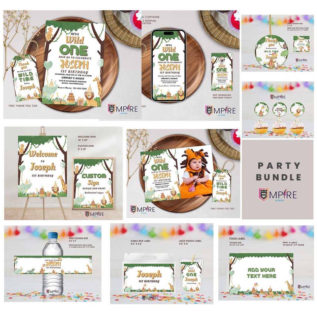 Editable Safari Birthday Invitation Bundle Template, Safari Party Decor ...