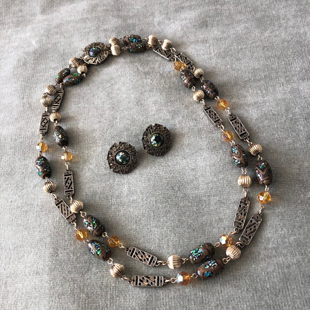 Matching Double Strand Confetti Glass and Brass Necklace and Earrings ...