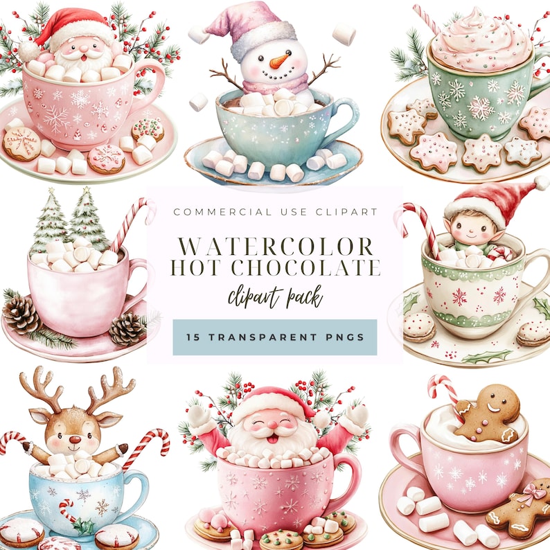 Watercolor Hot Chocolate Clipart: Cozy Winter Cocoa PNG (digital ...