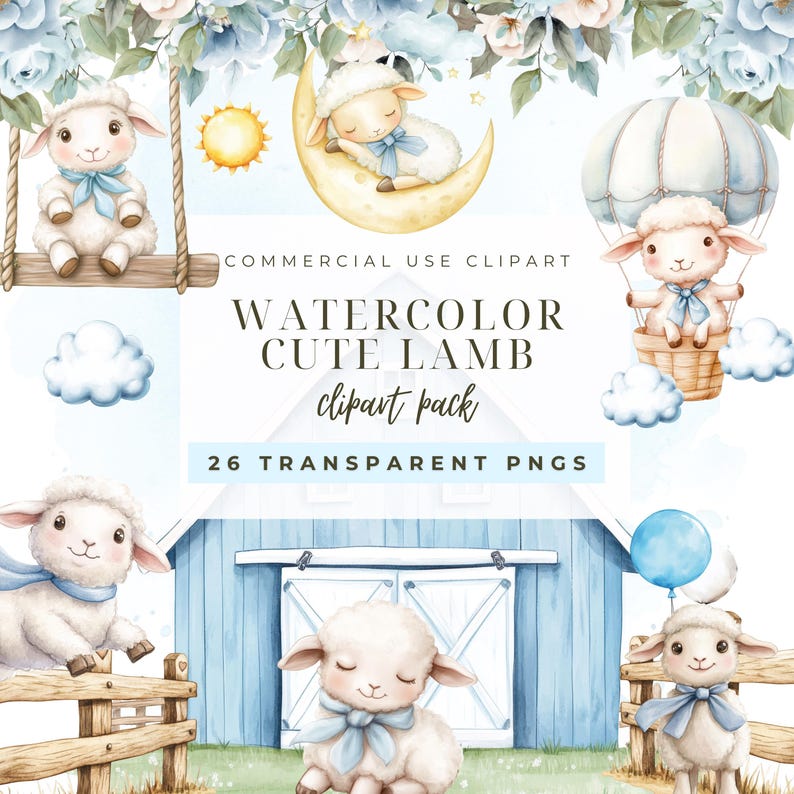 Watercolor Lamb Clipart: Blue Sheep PNG Images (digital Download, 300 ...
