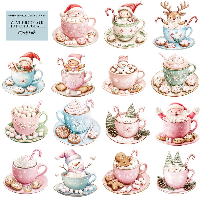 Watercolor Hot Chocolate Clipart: Cozy Winter Cocoa PNG (digital ...