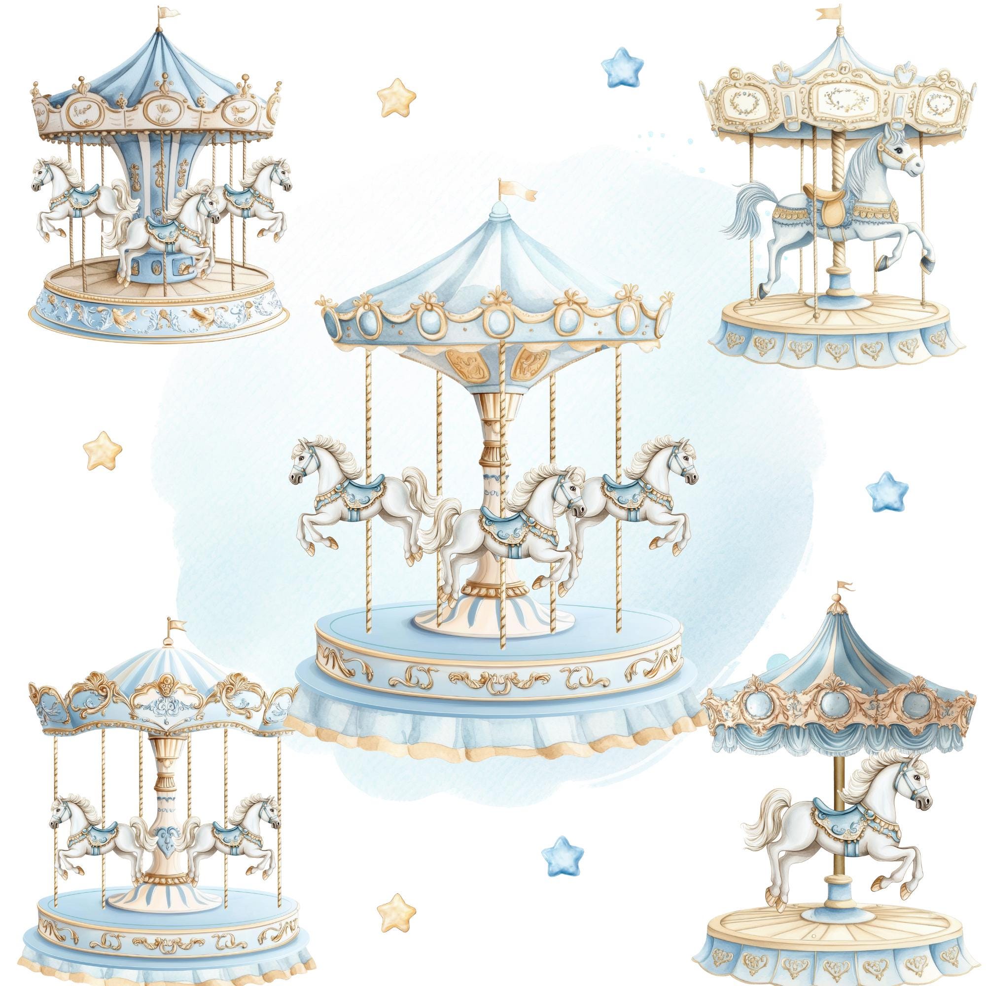 Blue Carousel Clipart, Carousel Watercolor Clipart, Carousel Horse ...