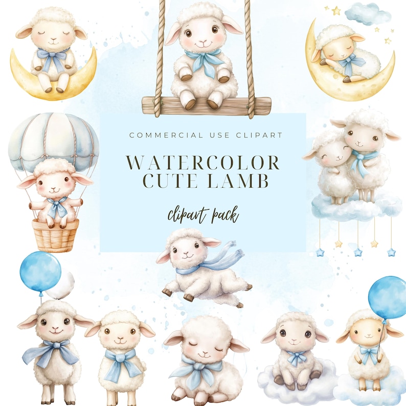 Watercolor Lamb Clipart: Blue Sheep PNG Images (digital Download, 300 ...